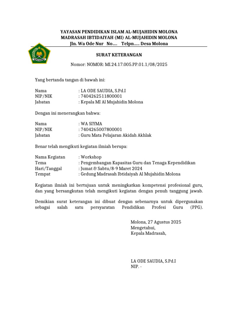 Surat Keterangan Kegiatan Ilmiah PPG | PDF