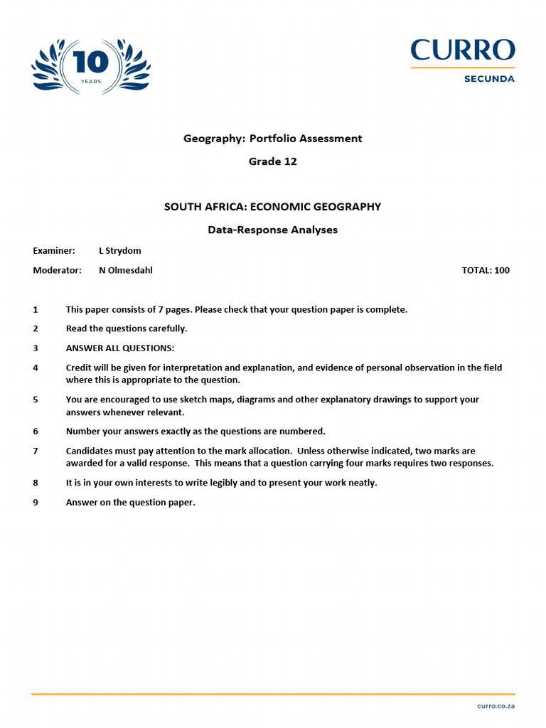 GR 12 Geography Alternative Task 1 Kazulu Natal 2025 | PDF | Economies