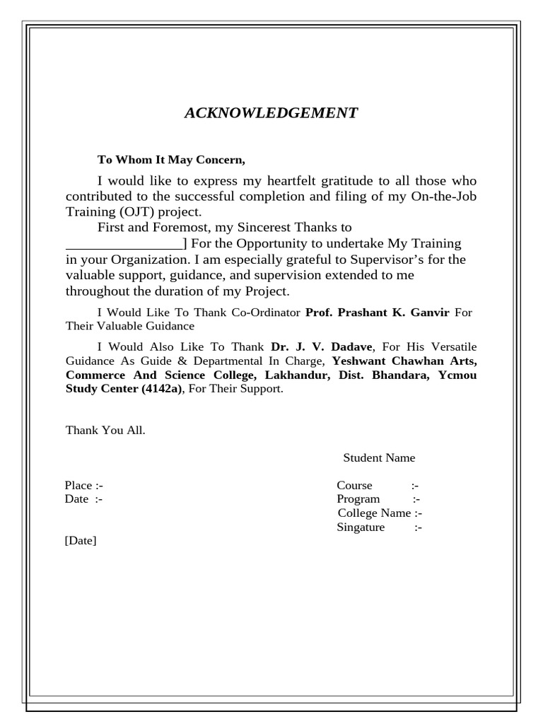 OJT Project Acknowledgement Letter | PDF