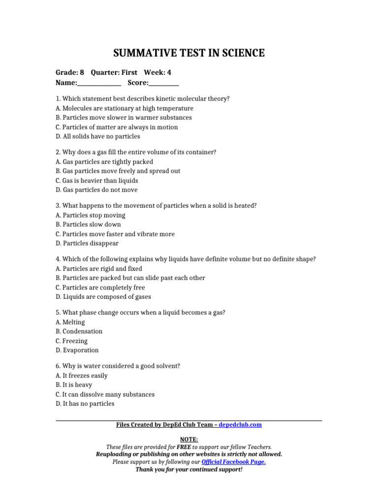 Grade 8 Science Summative Test | PDF | Gases | Liquids