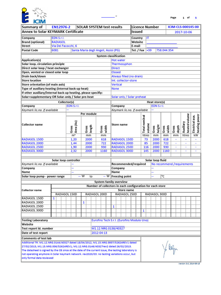 Solar Keymark Radiasol | PDF | Water Heating | Quantity