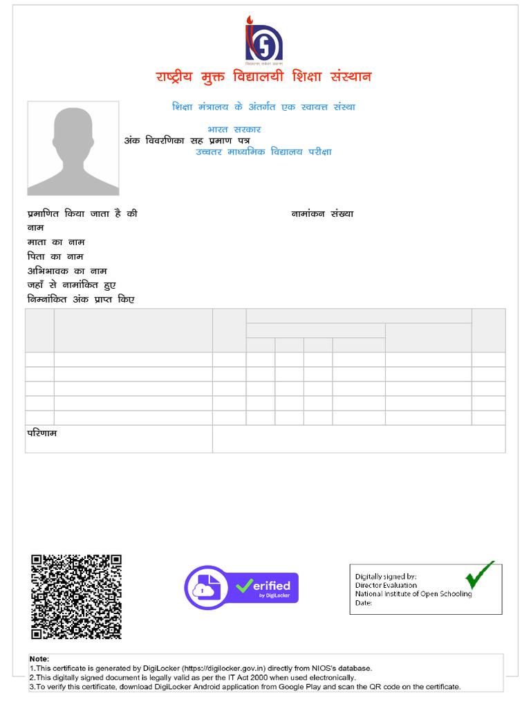 Nios 12th Mark Sheet | PDF | Secondary Education