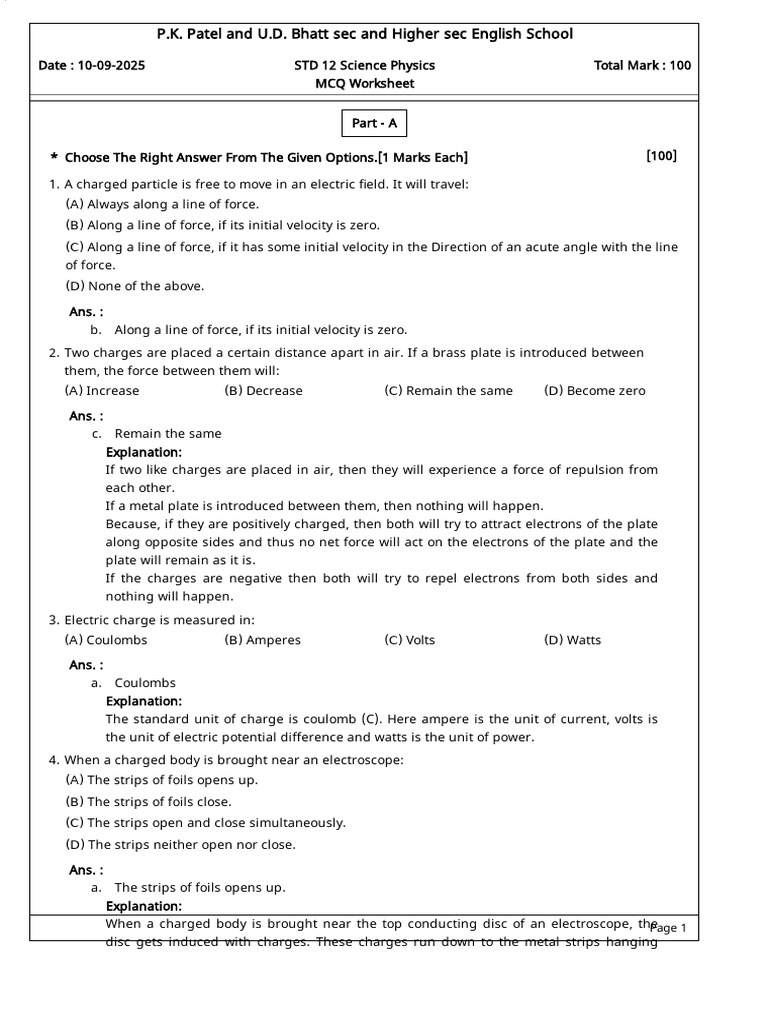 MCQ Worksheet on Electric Charges and Fields | PDF | Magnet | Magnetic ...