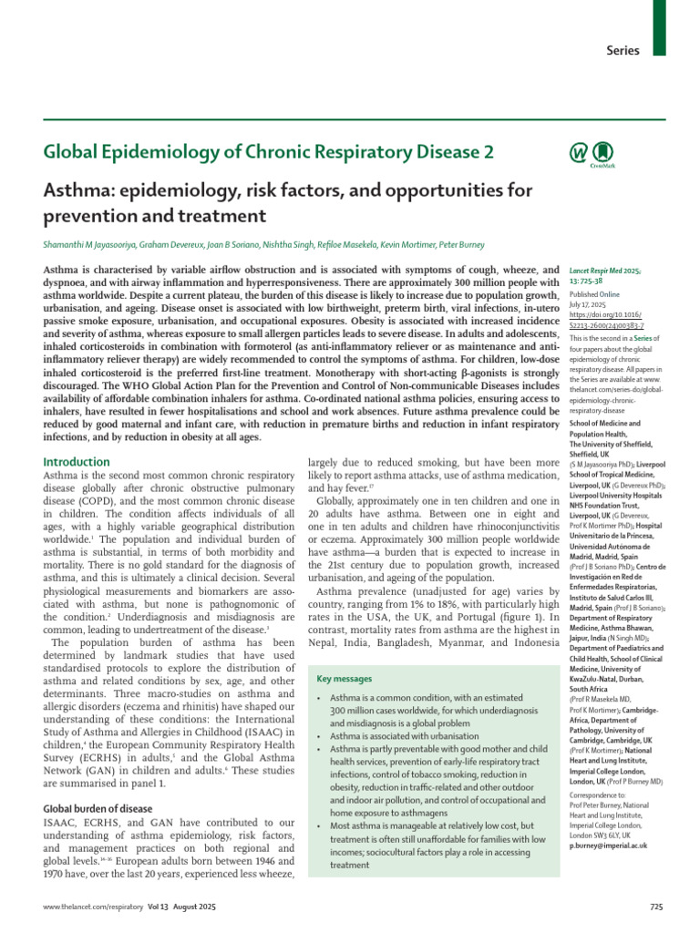 Asthma Epidemiology, Risk Factors, And Opportunities for Prevention and ...