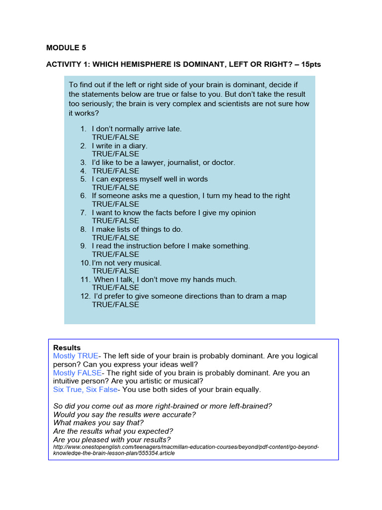 Brain Dominance and Function Activities | PDF | Truth | Perception