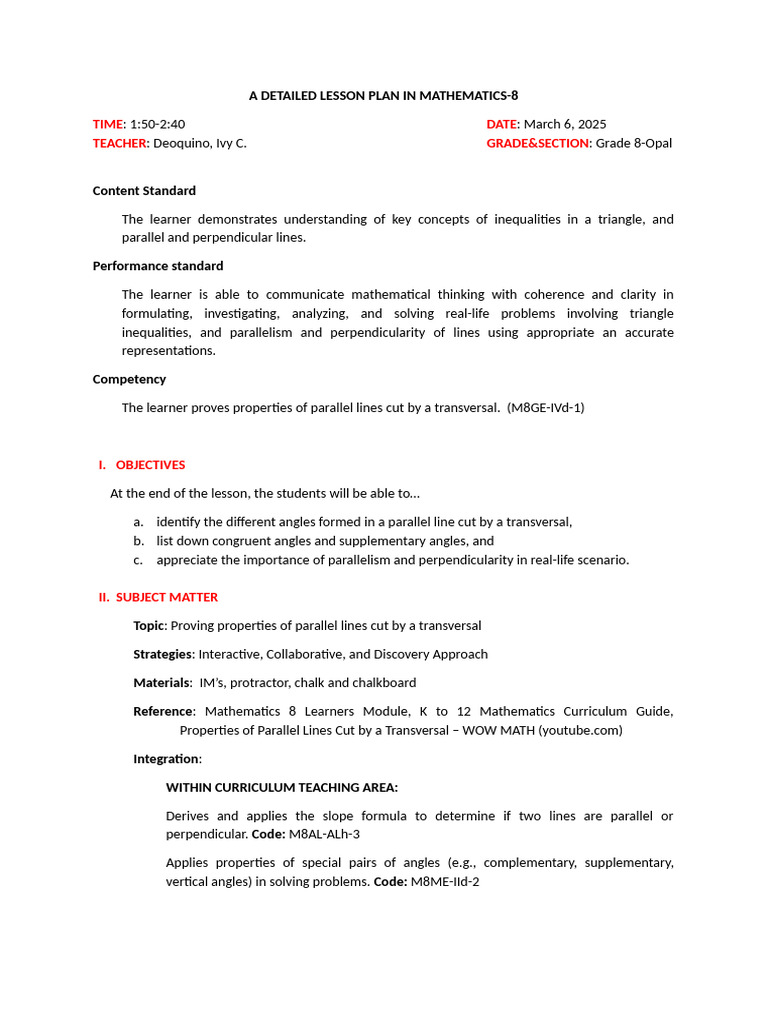 Prove A Detailed Lesson Plan in Mathematics | PDF | Euclidean Geometry ...