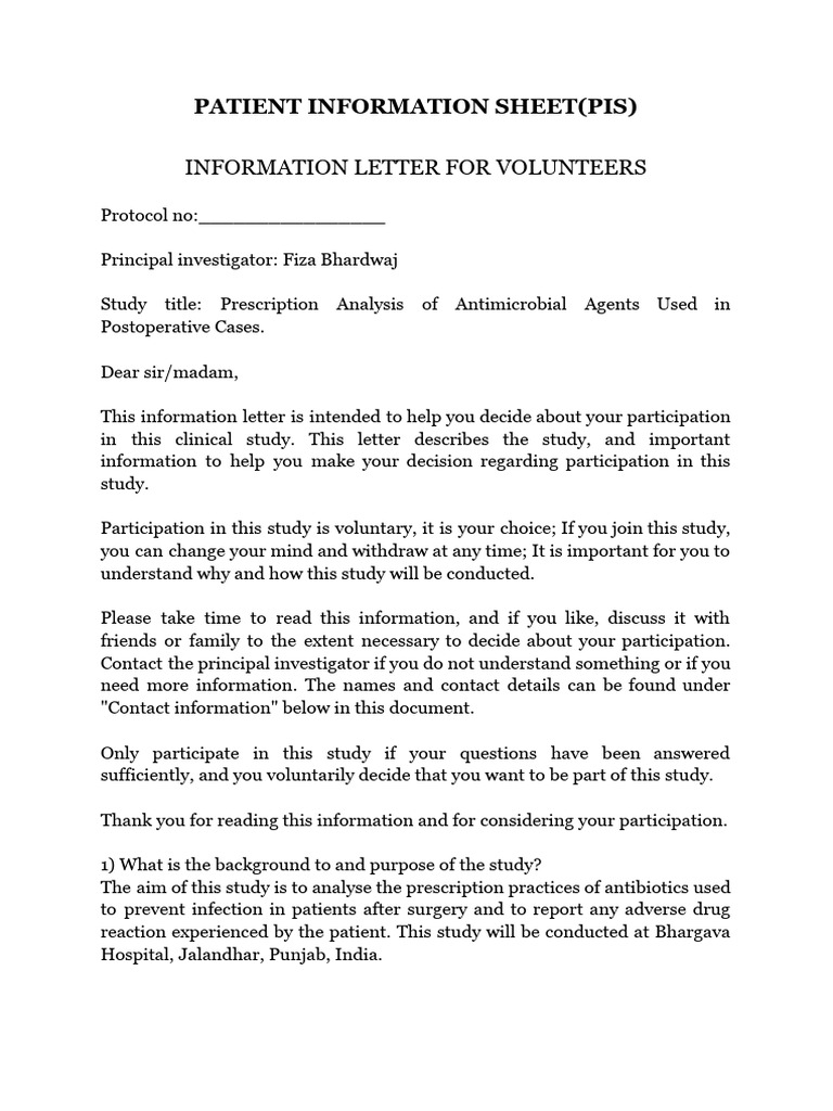 Patient Information Sheet (Pis) | PDF | Anesthesia | Informed Consent