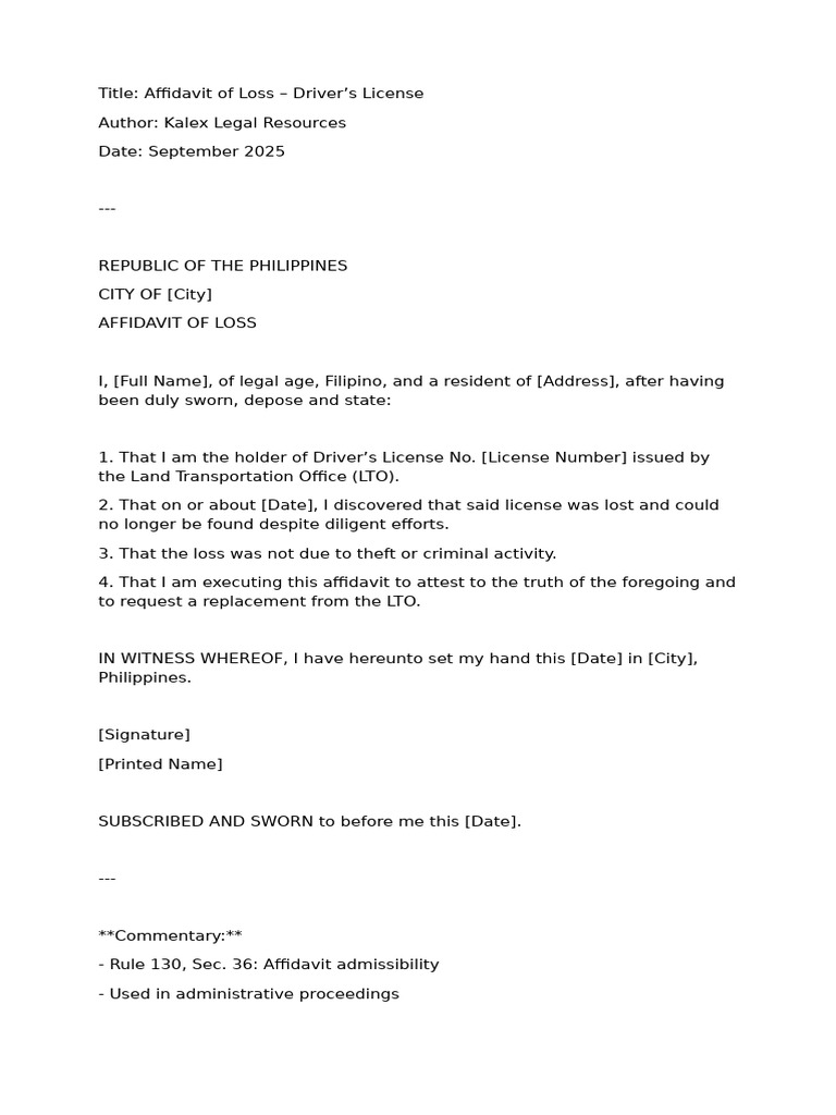 Affidavit of Loss - Driver's License | PDF