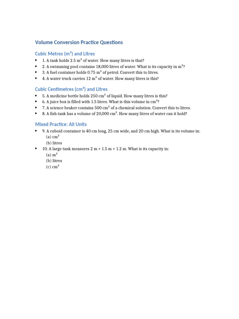 Volume Conversion Practice Questions | PDF