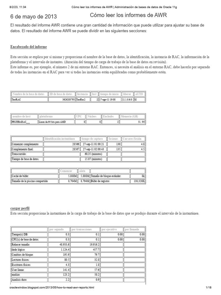 Cómo Leer Los Informes de AWR - Administración de Bases de Datos de Oracle 11g | PDF ...
