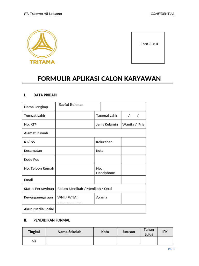 Formulir Aplikasi Karyawan PT Tritama | PDF