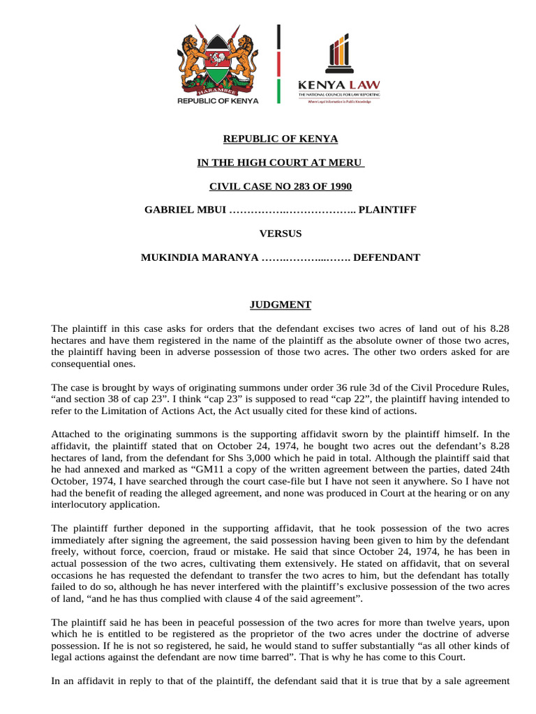 Gabriel Mbui V Mukindia Maranya 1993KEHC161 (KLR) | PDF | Adverse ...