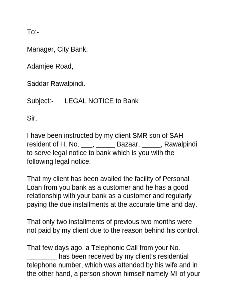Legal Notice for Bank Harassment | PDF | Justice | Crime & Violence