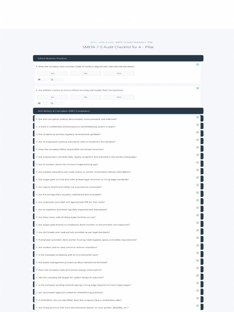GoAudits - SMETA 7 0 Audit Checklist For 4 - Pillar (Sample) | PDF