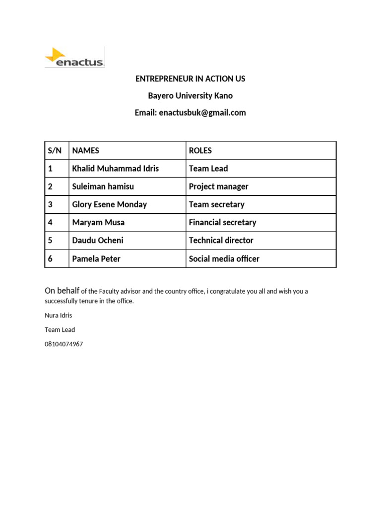Exco Members For 2026 Enactus Year-1 | PDF