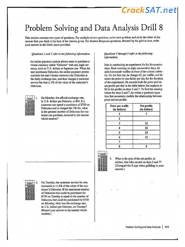 Sat Math Problem Solving And Data Analysis Practice Test 8 Pdf