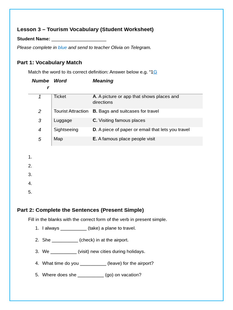 Tourism Vocabulary Worksheet for Students | PDF | Tourism | Linguistics