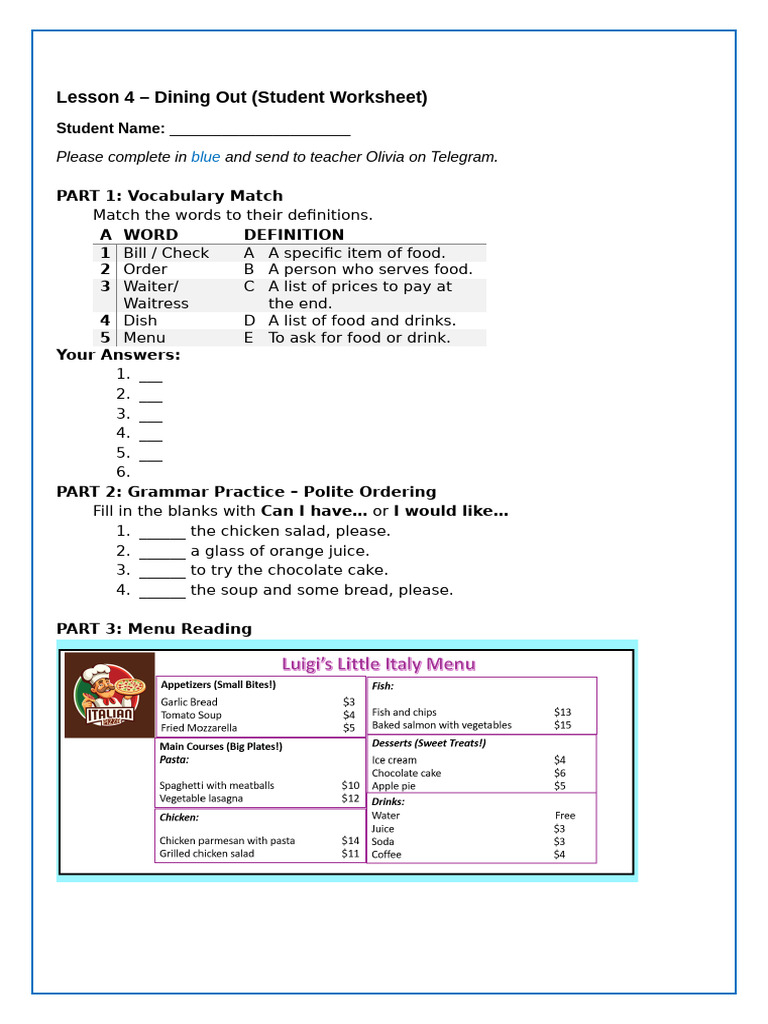 Dining Out Vocabulary and Grammar Worksheet | PDF
