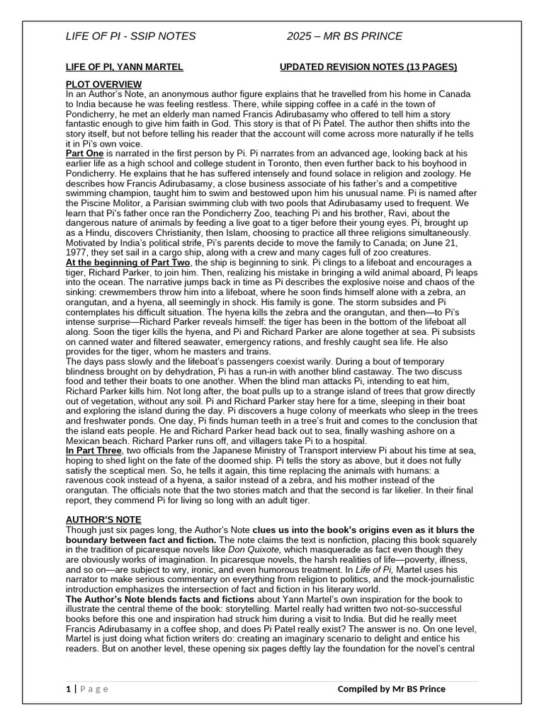 Life of Pi: Grade 12 Study Notes | PDF