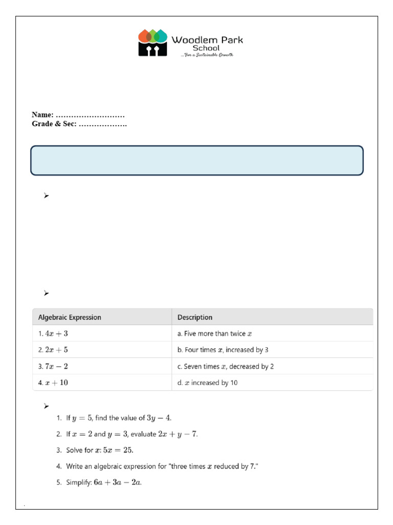6th Grade Algebra Practice Worksheet | PDF | Algebra | Equations