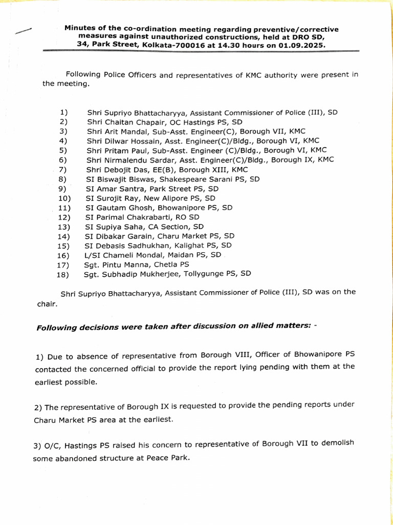 Minutes of The Co-Ordination Meeting Against Unauthorised Construction ...
