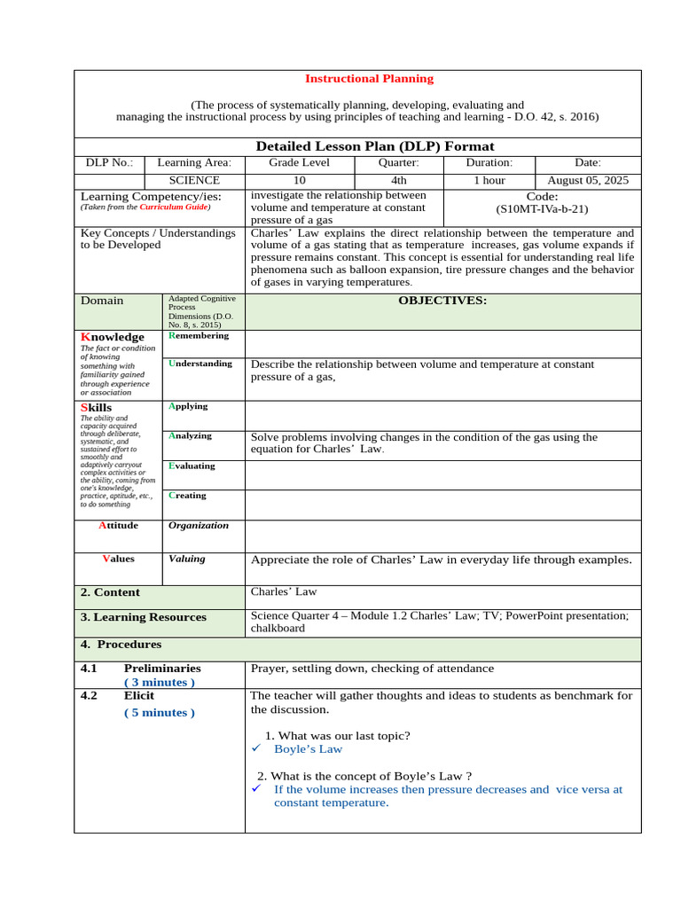 Instructional Planning for Charles' Law | PDF | Gases | Temperature