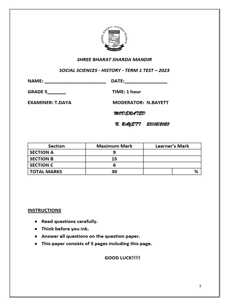 Grade 5 SS History Term 1 Control Test 2023 Signed | PDF