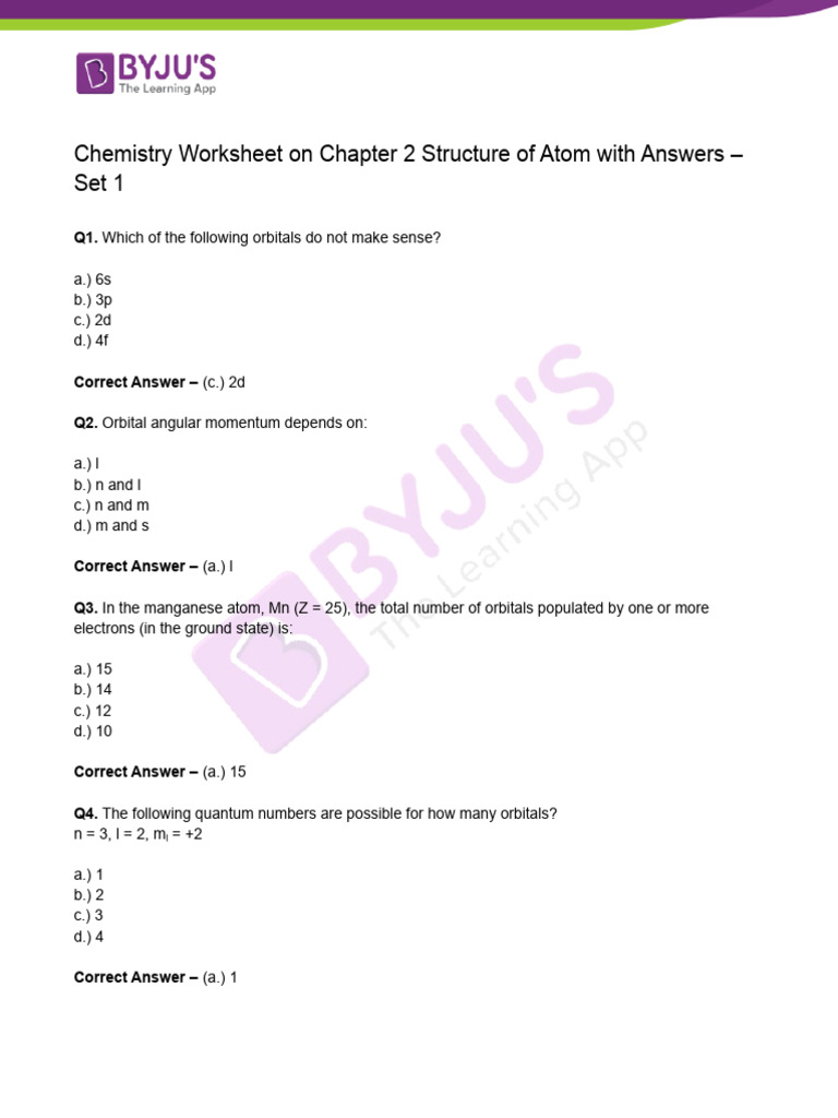 Chemistry Worksheet: Atomic Structure Quiz | PDF | Atomic Orbital ...