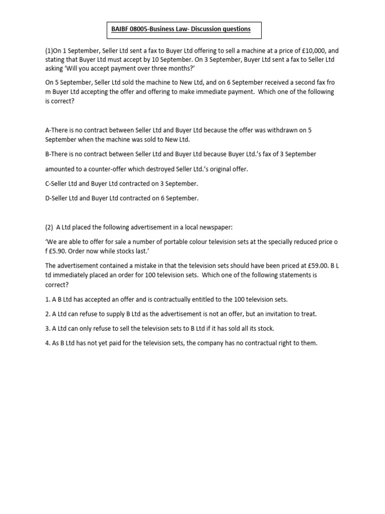 Business Law Contract Scenarios Explained | PDF | Consideration | Offer ...