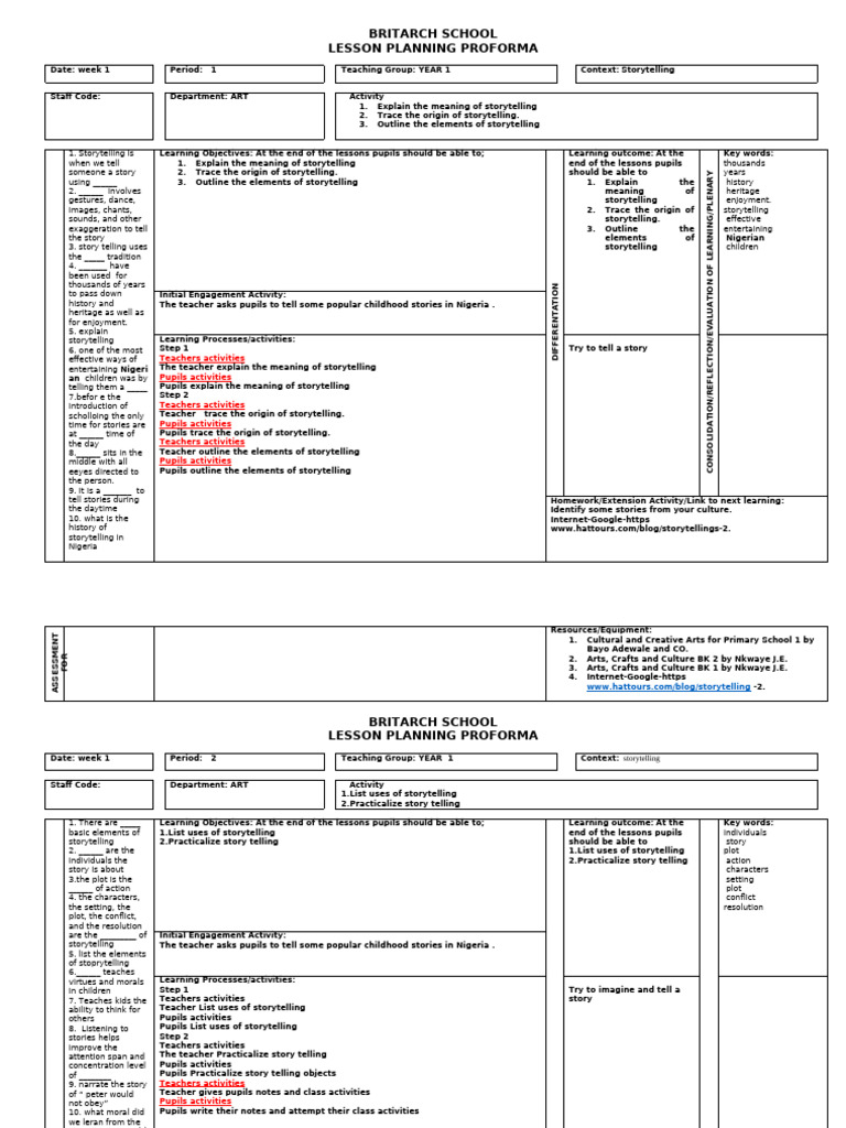 Art Year 1-3 Third Term Lesson Plan | PDF | Storytelling | Teachers