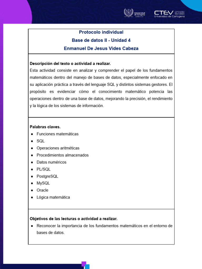 Protocolo Individual - Base de Datos II Unidad 4 | PDF | Bases de datos | SQL