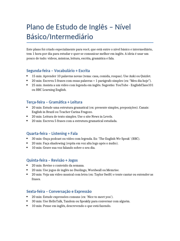 Plano de Estudio Ingles Basico Intermediario | PDF