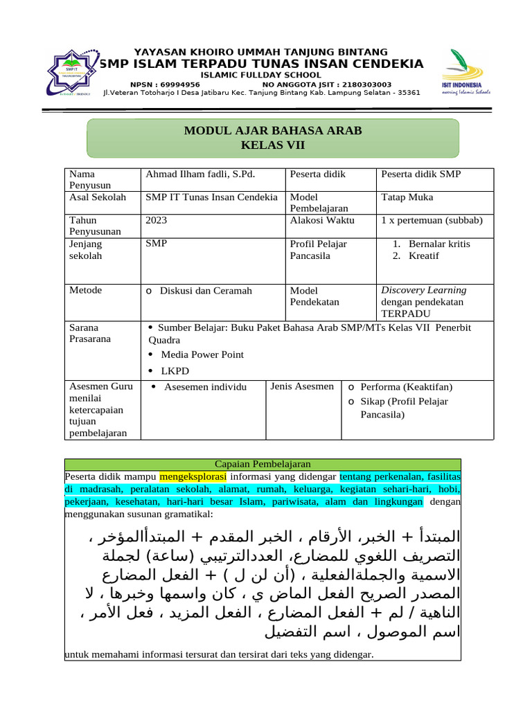 Modul Pembelajaran Bahasa Arab SMP | PDF