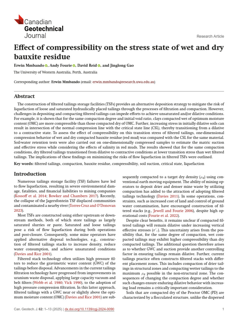 Mmbando Et Al 2024 Effect of Compressibility On The Stress State of Wet and Dry Bauxite Residue ...