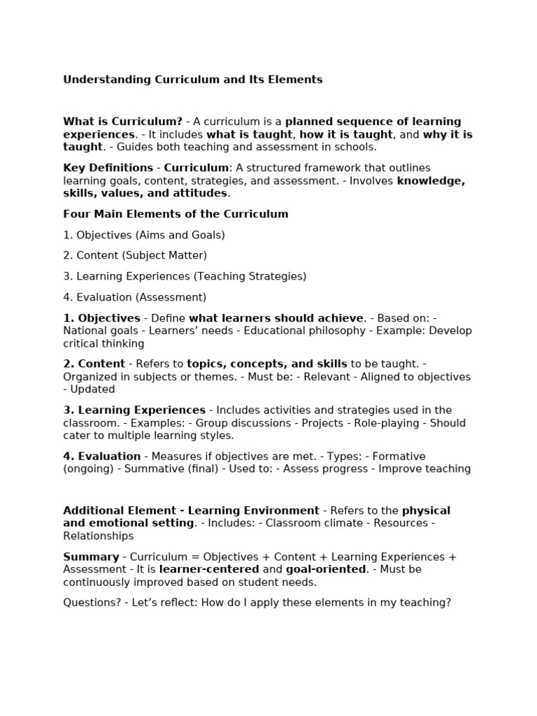 Key Elements of Effective Curriculum | PDF