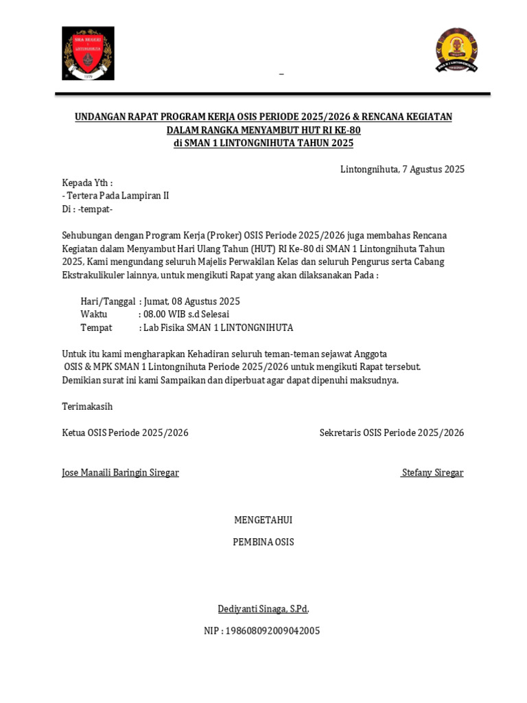 Undangan Rapat Osis I | PDF