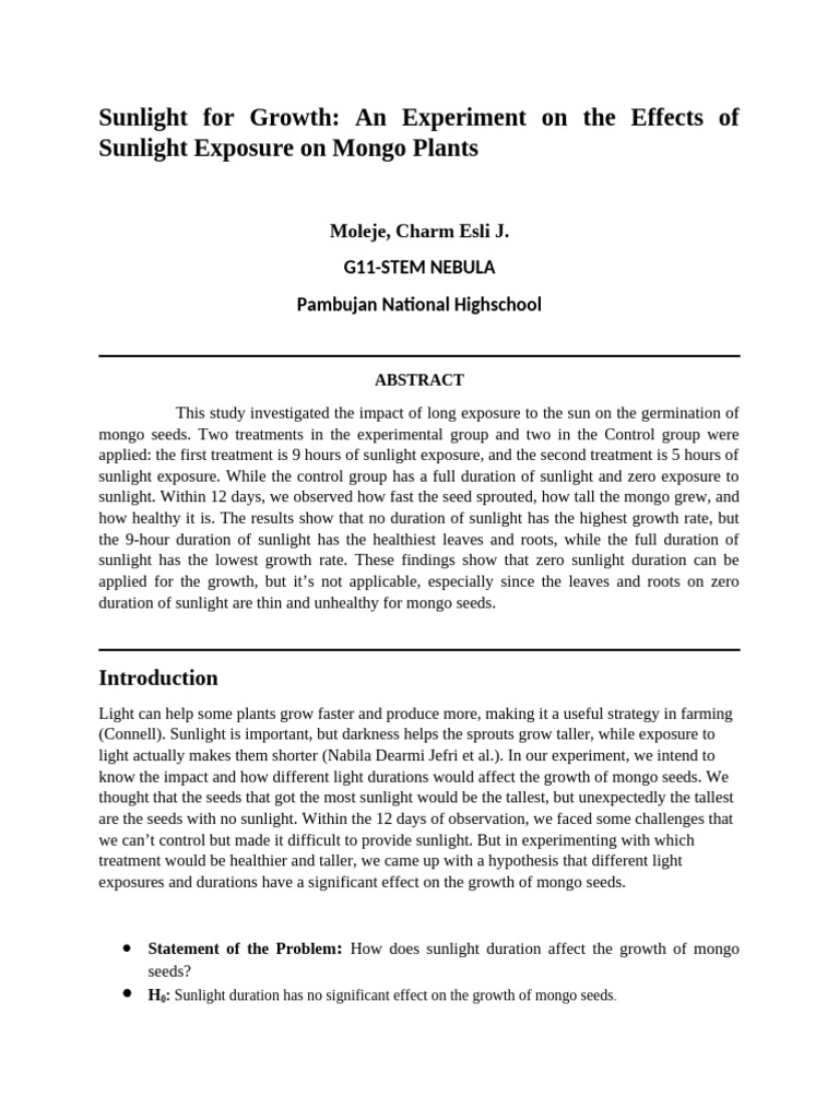Effects of Sunlight on Mongo Growth | PDF | Experiment | Seed