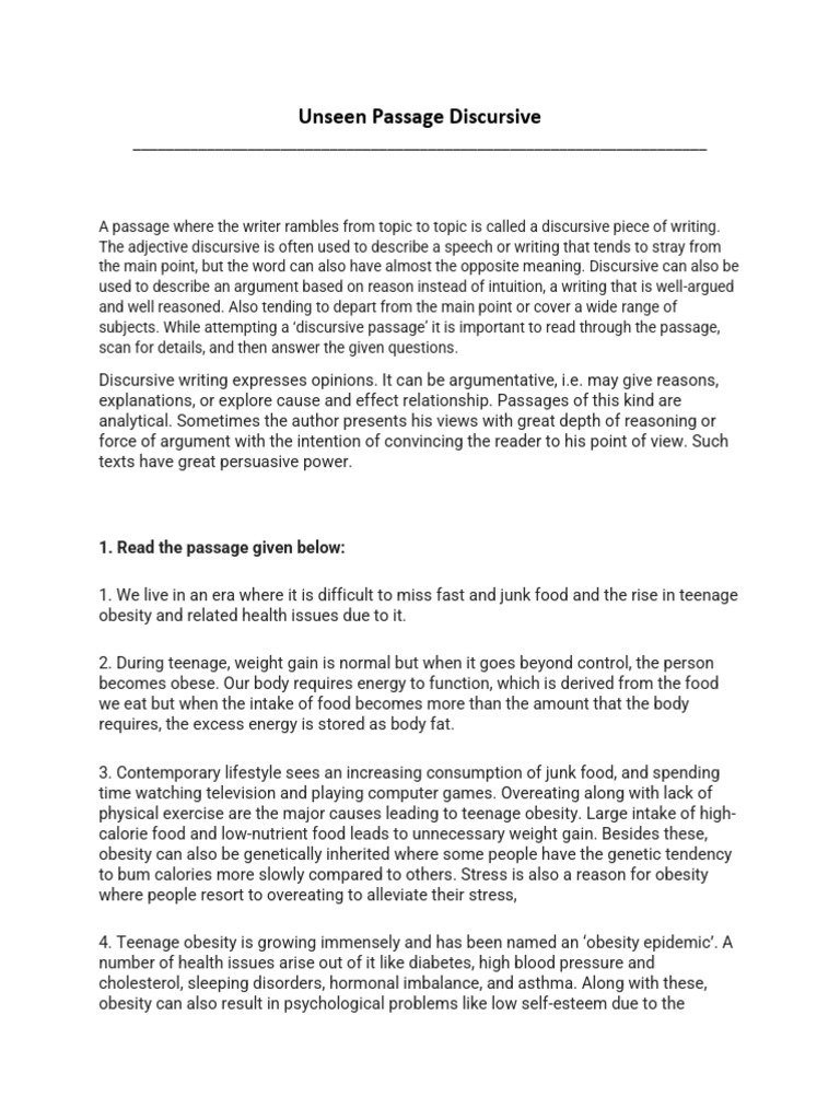 Unseen Passage Discursive | PDF | Dieting | Obesity