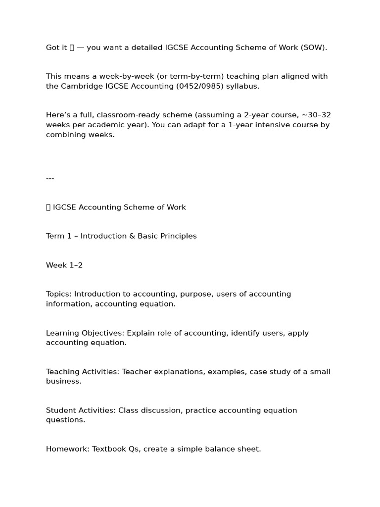 IGCSE Accounting Scheme of Work Guide | PDF | Balance Sheet | Financial ...