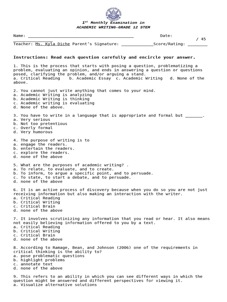 Grade 12 STEM Academic Writing Exam | PDF | Essays | Brainstorming