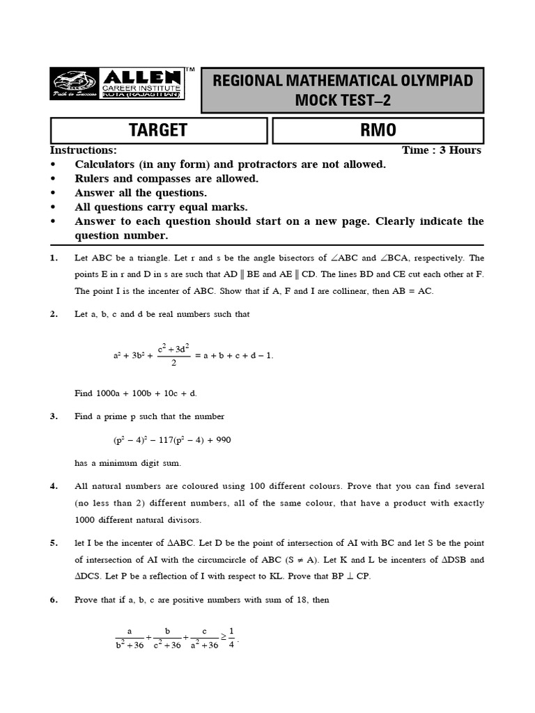 RMO Mock Test 2: Regional Math Olympiad | PDF