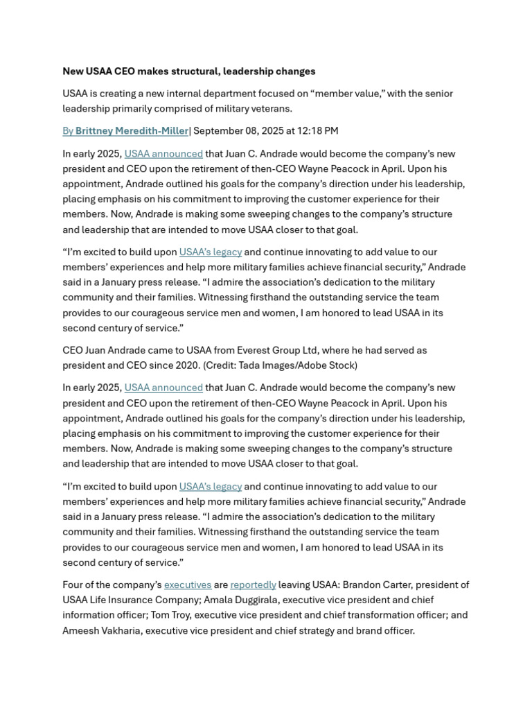 USAA Leadership Changes Under CEO Andrade | PDF | Financial Services ...