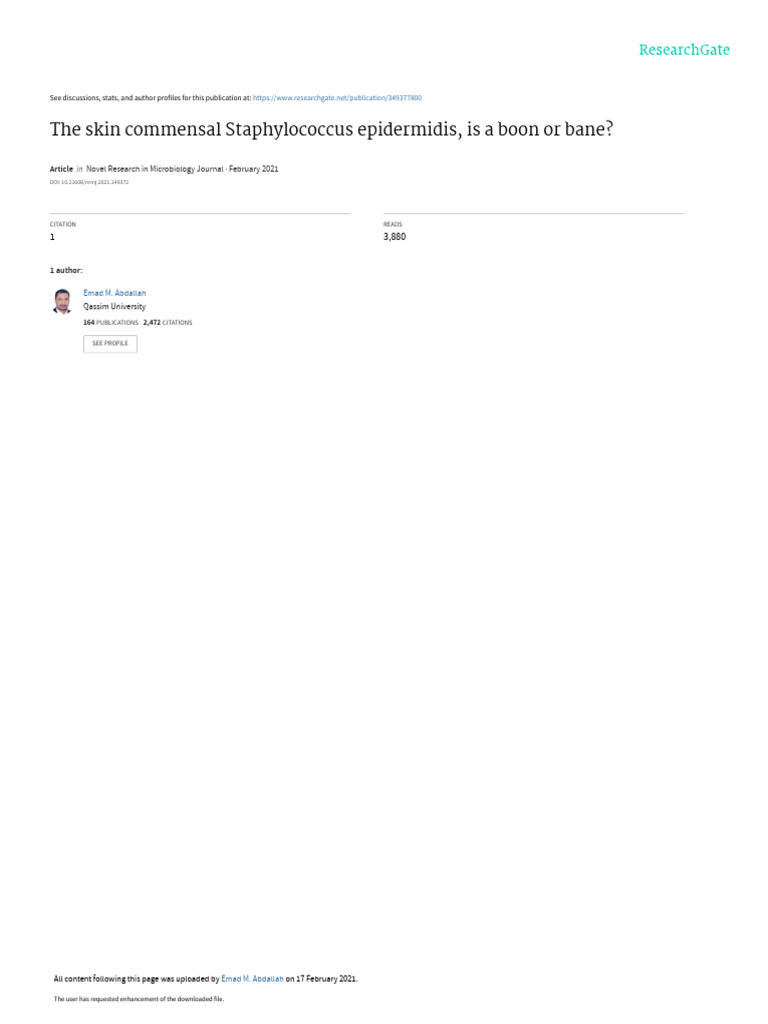 Journal by Abdallah - The Skin Commensal Staphylococcus Epidermidis ...