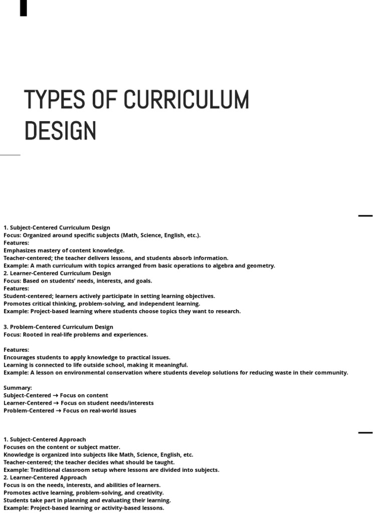 Types of Curriculum Design Approaches | PDF | Curriculum | Learning