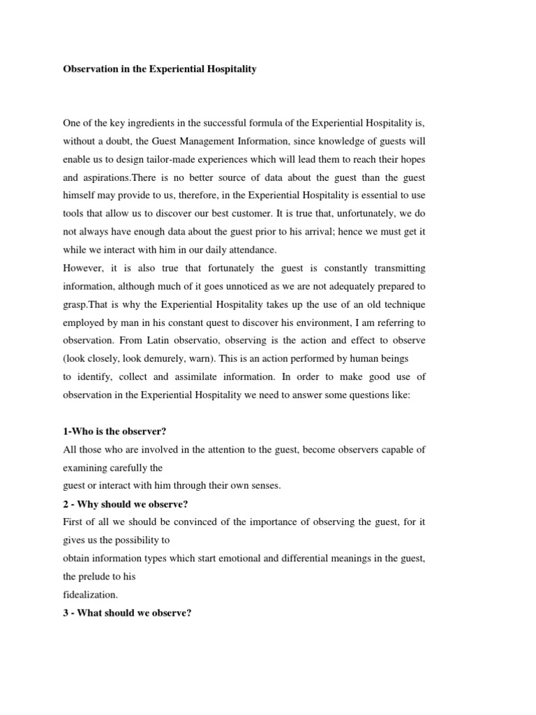Observation in The Experiential Hospitality | PDF | Strategic ...