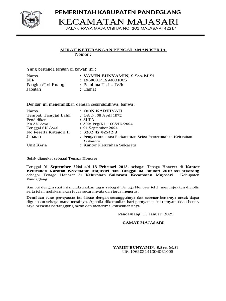 Contoh Surat Keterangan Pengalaman Kerja PPPK 2024 Oon | PDF