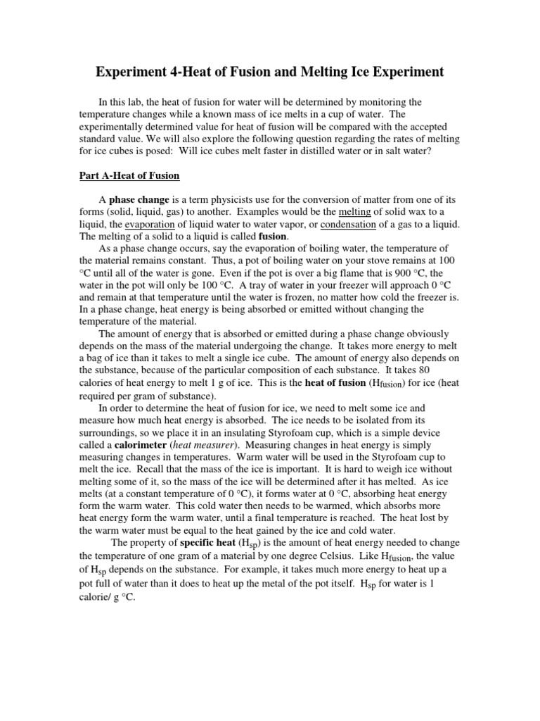 Heat of Fusion and Ice Melting Lab | PDF | Phase (Matter) | Evaporation