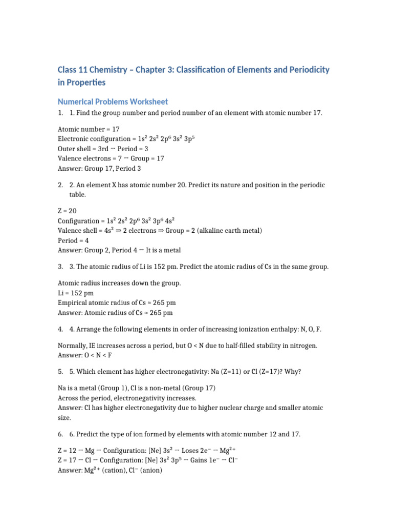 Class 11 Chemistry: Element Classification Worksheet | PDF