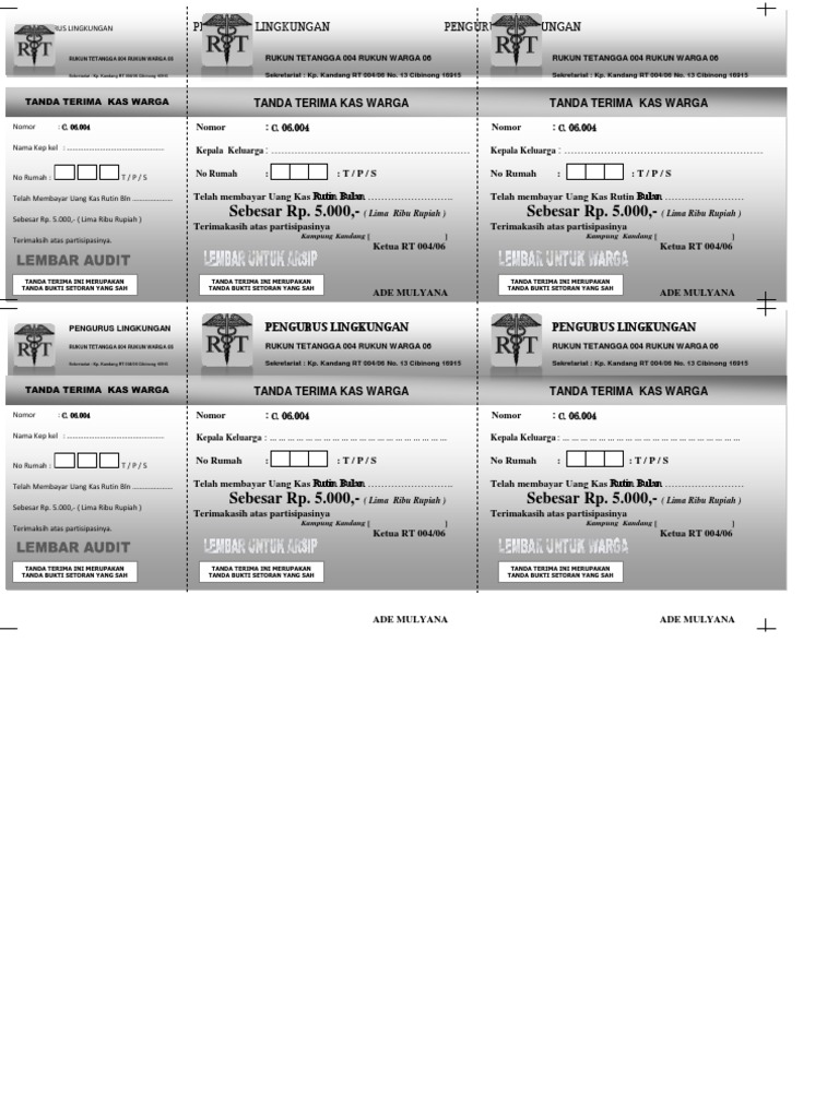 Bukti Tanda Setoran Kas RT | PDF