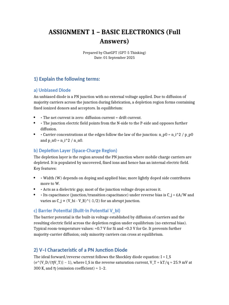 Basic Electronics Assignment 1 Full Answers | PDF | P–N Junction | Rectifier